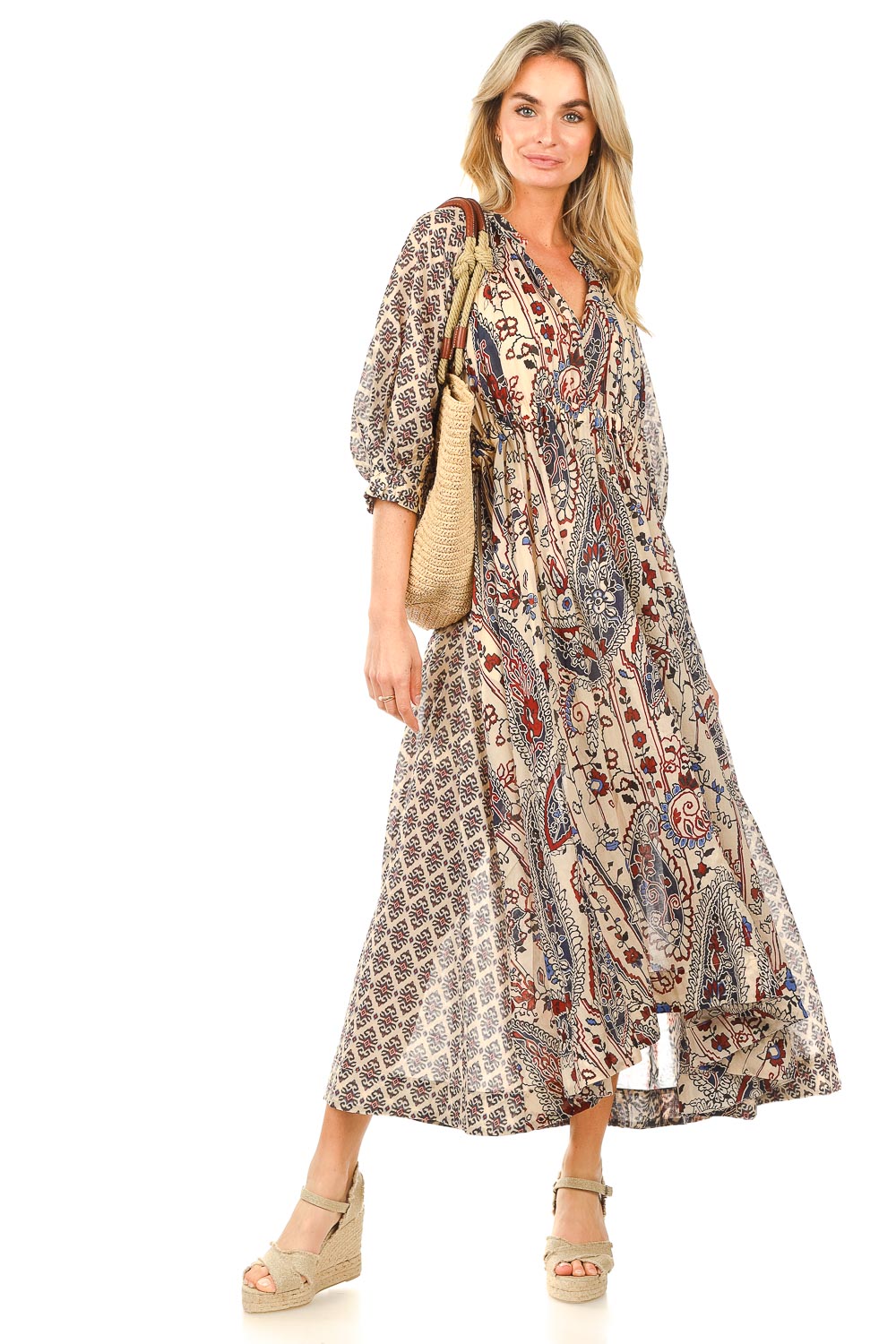 Jacquardgeweven maxi-jurk met print Quin | beige | Devotion | Little Soho