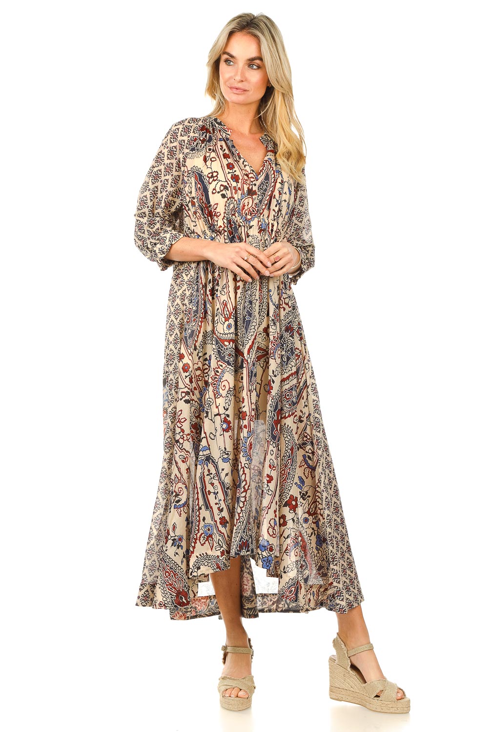 Jacquardgeweven maxi-jurk met print Quin | beige | Devotion | Little Soho