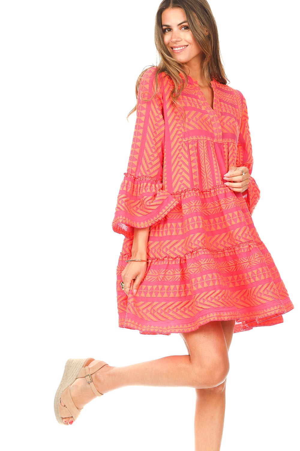 Jacquardgeweven jurk Ella | oranje/fuchsia | Devotion | Little Soho