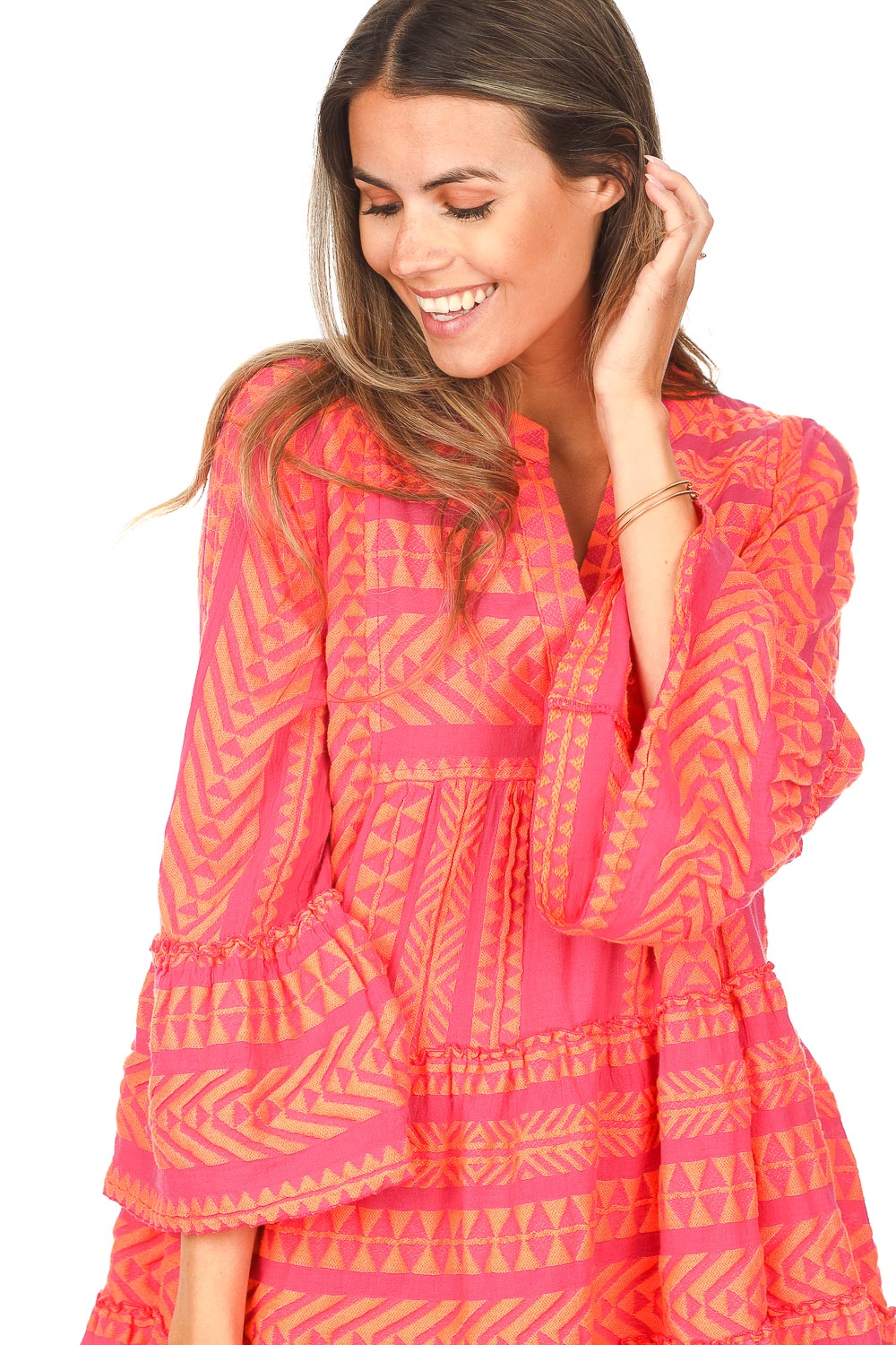 Jacquardgeweven jurk Ella | oranje/fuchsia | Devotion | Little Soho