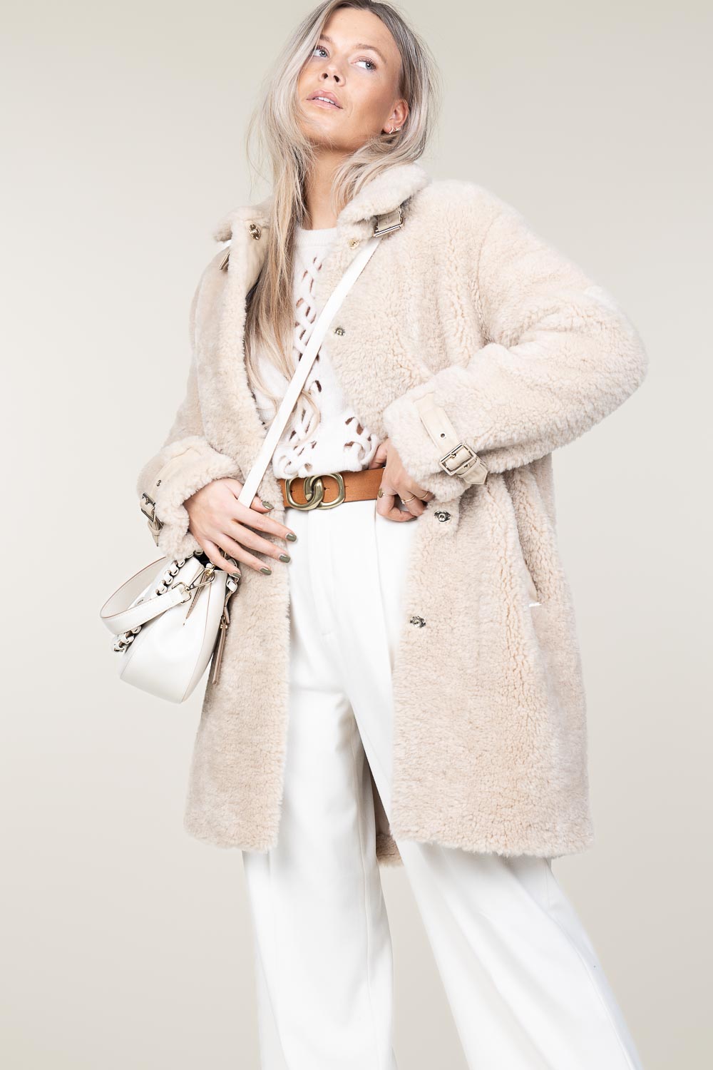 Luxe teddy met faux leren details Manon | beige | Liu Jo | Little Soho