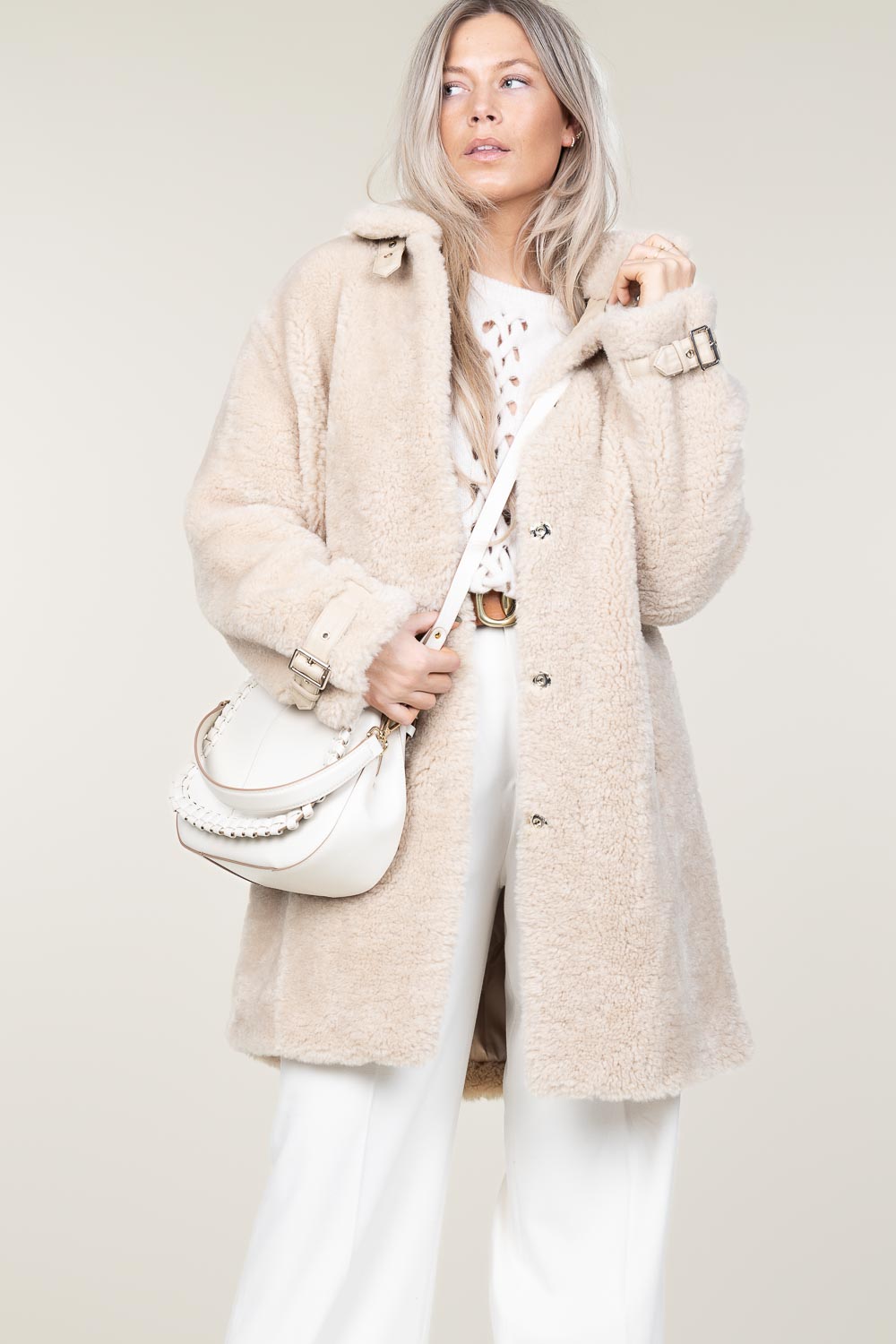Luxe teddy met faux leren details Manon | beige | Liu Jo | Little Soho