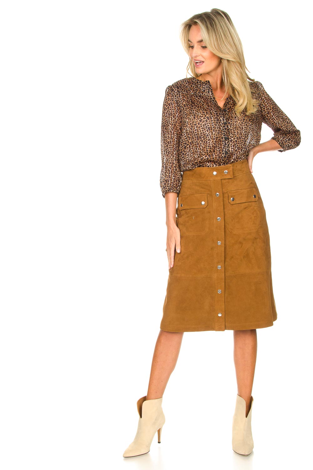 Suède midi-rok Ingrid | bruin... | Set | Little Soho